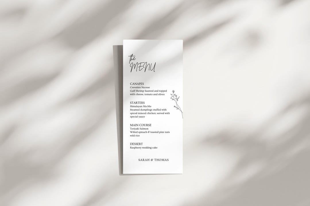 Wedding Menu Template: Minimalist Floral Dinner Menu Card (5x7, Digital ...