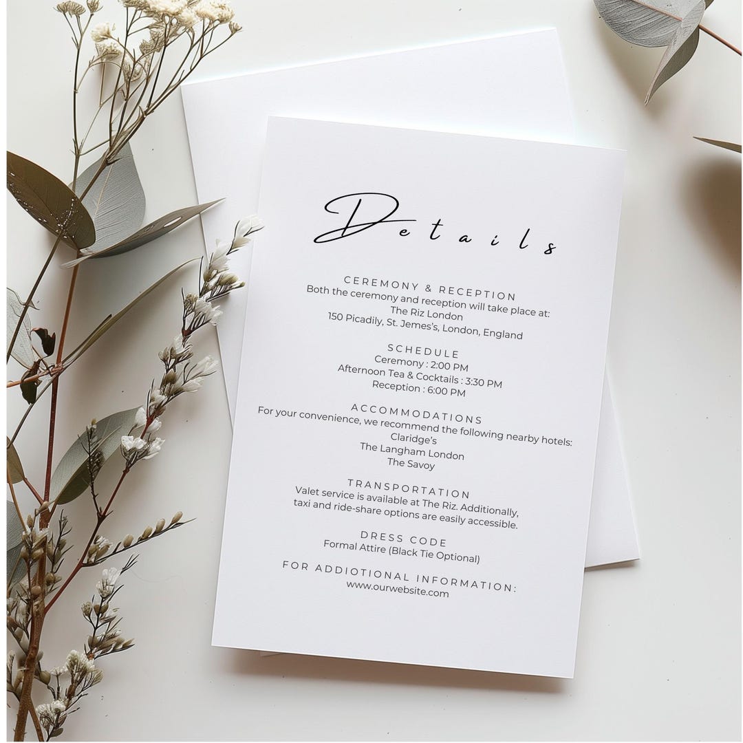 Wedding Invite I Details Card TEMPLATE I Editable Invitation Insert ...