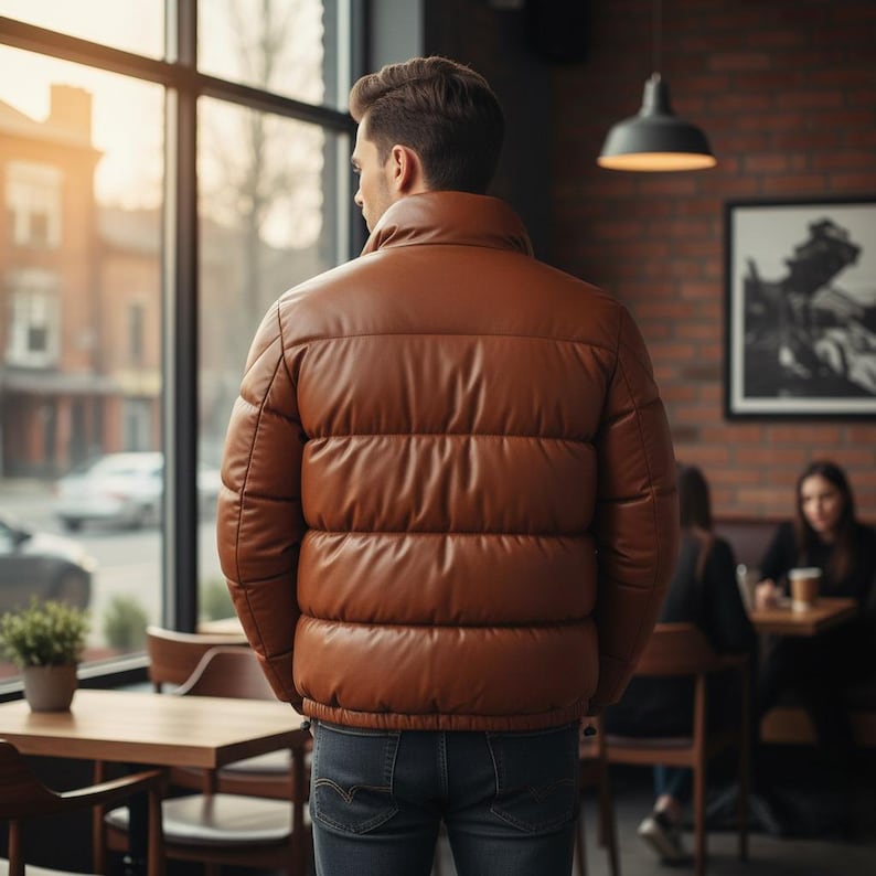 Men’s Puffer Leather Jacket | Handmade Winter Bomber Coat | Quilted ...