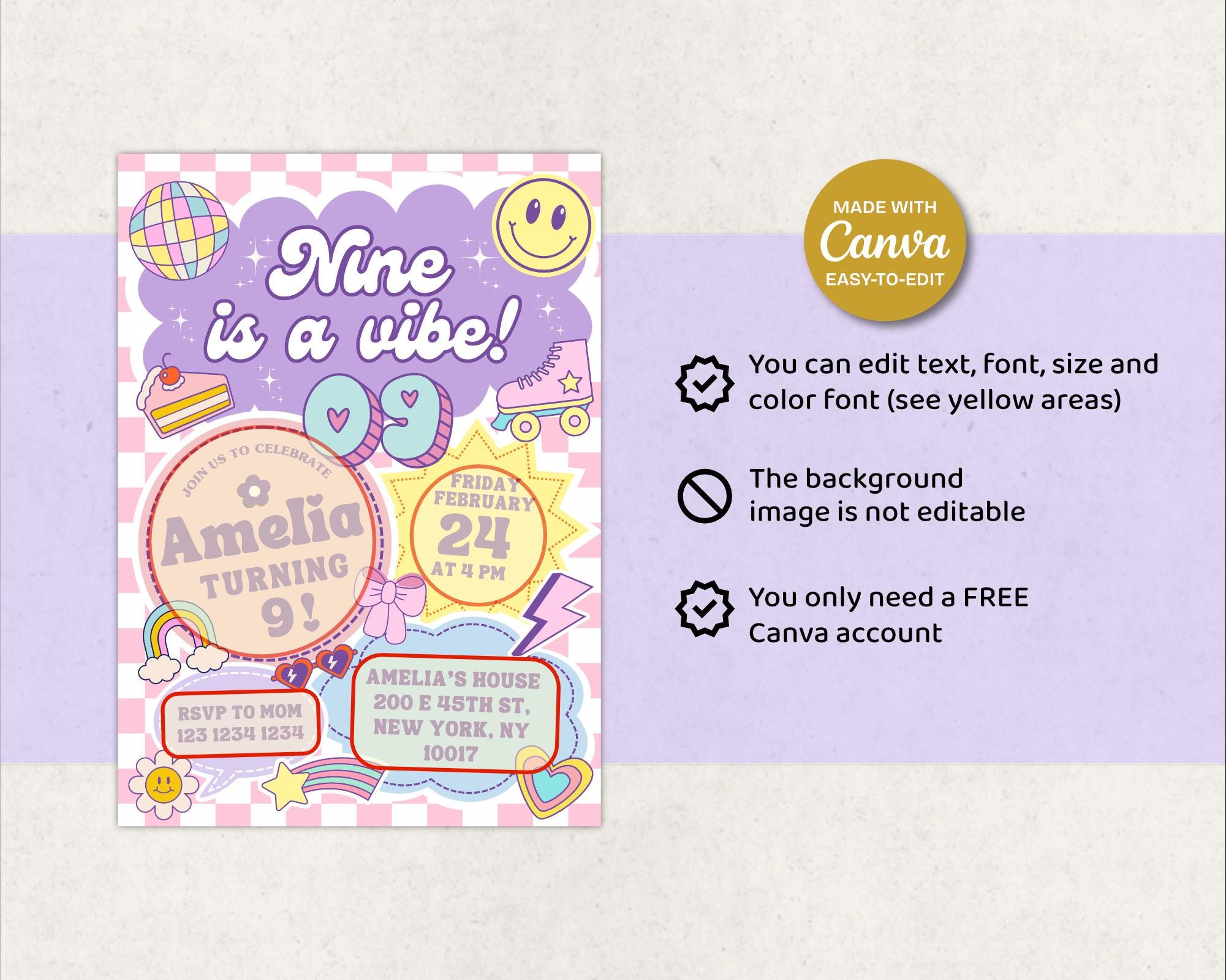 9th Birthday Invitation Tween, 9 is a Vibe Invitation, Preppy ...