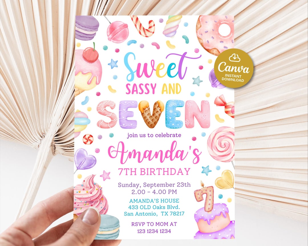 Sweet Sassy and Seven Party Invitation, 7th Birthday Invitation Girl ...
