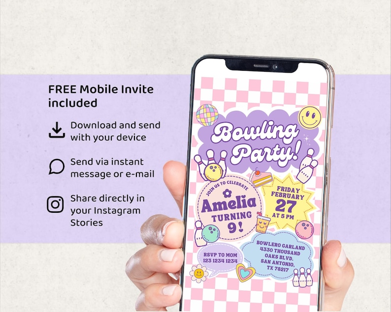 Girl Bowling Party Invitation, Bowling Birthday Invite Retro Template ...