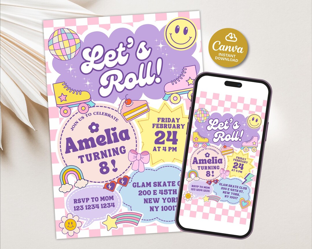 Roller Skate Birthday Invitation Girl, Retro Party Roller Skate ...