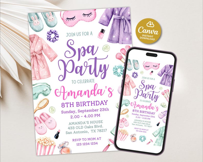 Spa Birthday Invitation Preppy, Pamper Birthday Party Invitation, Glam ...