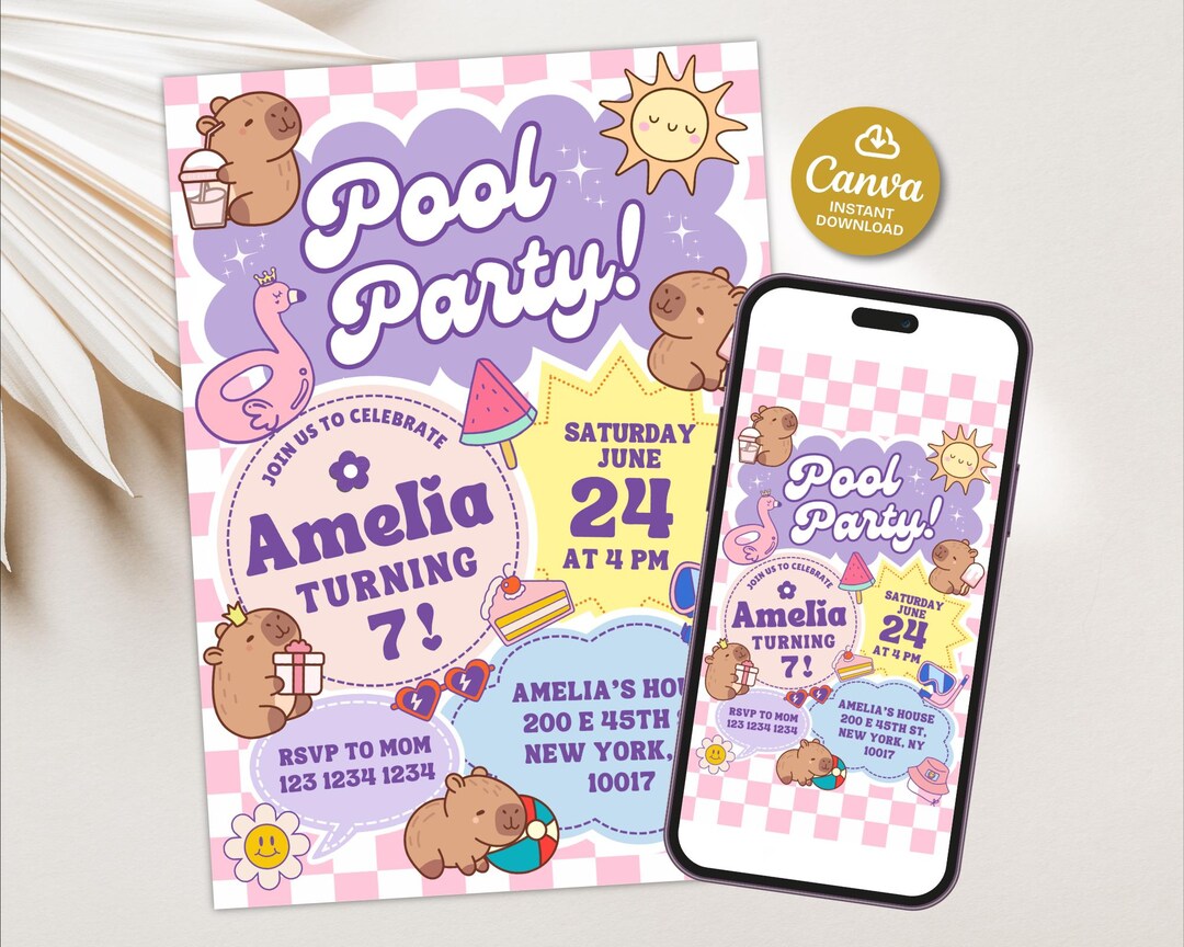 Capybara Birthday Invitation Pool Party, Pool Birthday Party Invite ...