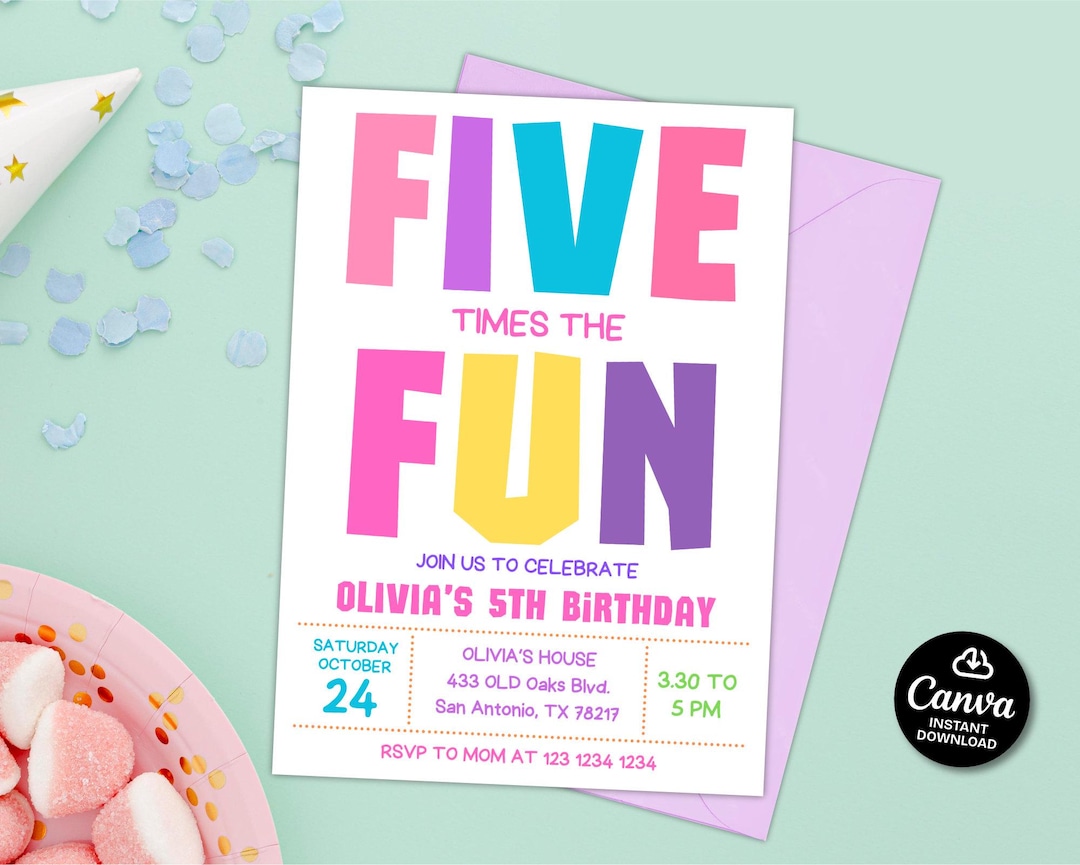 Five Times the Fun Birthday Invitation, 5th Birthday Party Invite ...