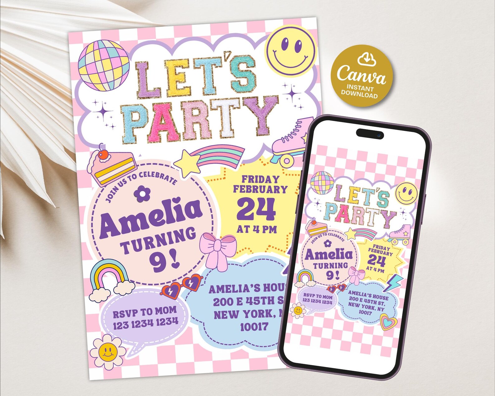 Preppy Smiley Face Birthday Invite, Varsity Patch Party, Lets Party ...