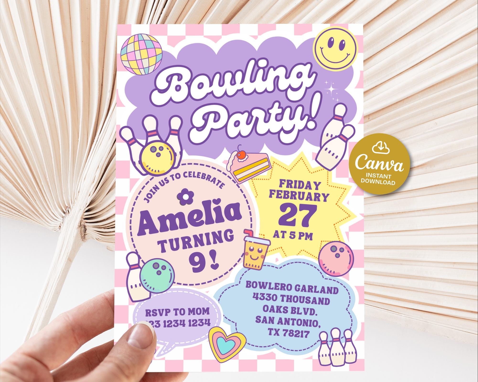 Girl Bowling Party Invitation, Bowling Birthday Invite Retro Template ...