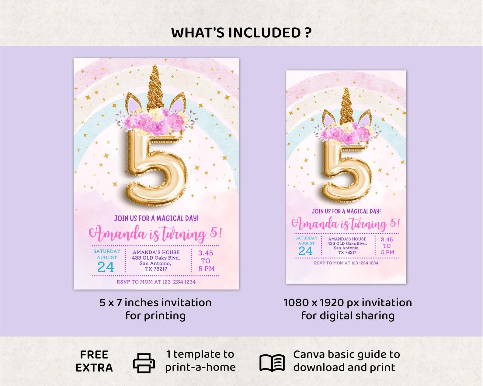 5th Unicorn Party Invite, Editable 5th Birthday Invitation Girl, Fifth ...