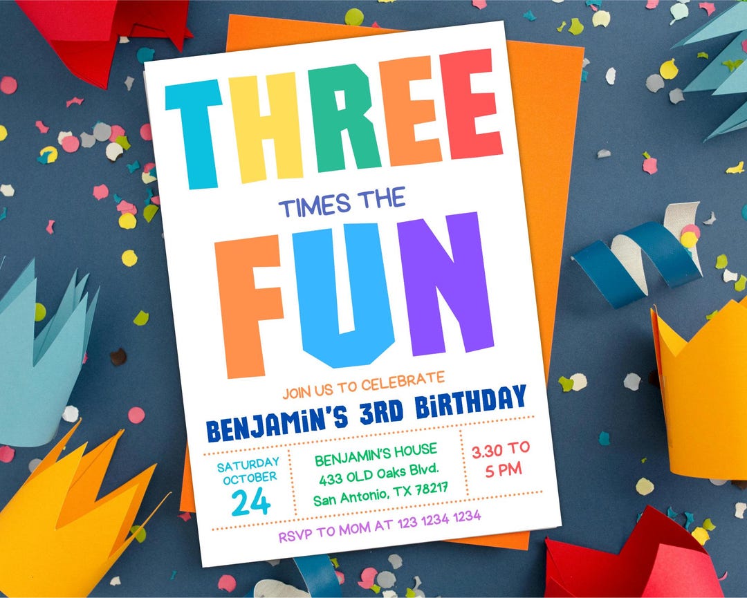 Three Times the Fun Birthday Invitation, 3rd Birthday Party Invite ...