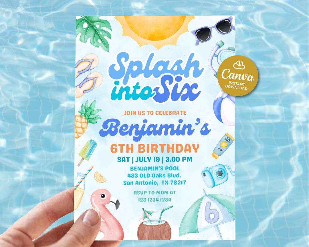 Splash Into Six Birthday Invites Boy, 6th Birthday Pool Party, Editable ...