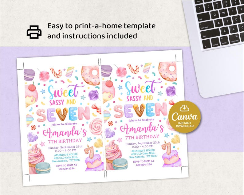 Sweet Sassy and Seven Party Invitation, 7th Birthday Invitation Girl ...