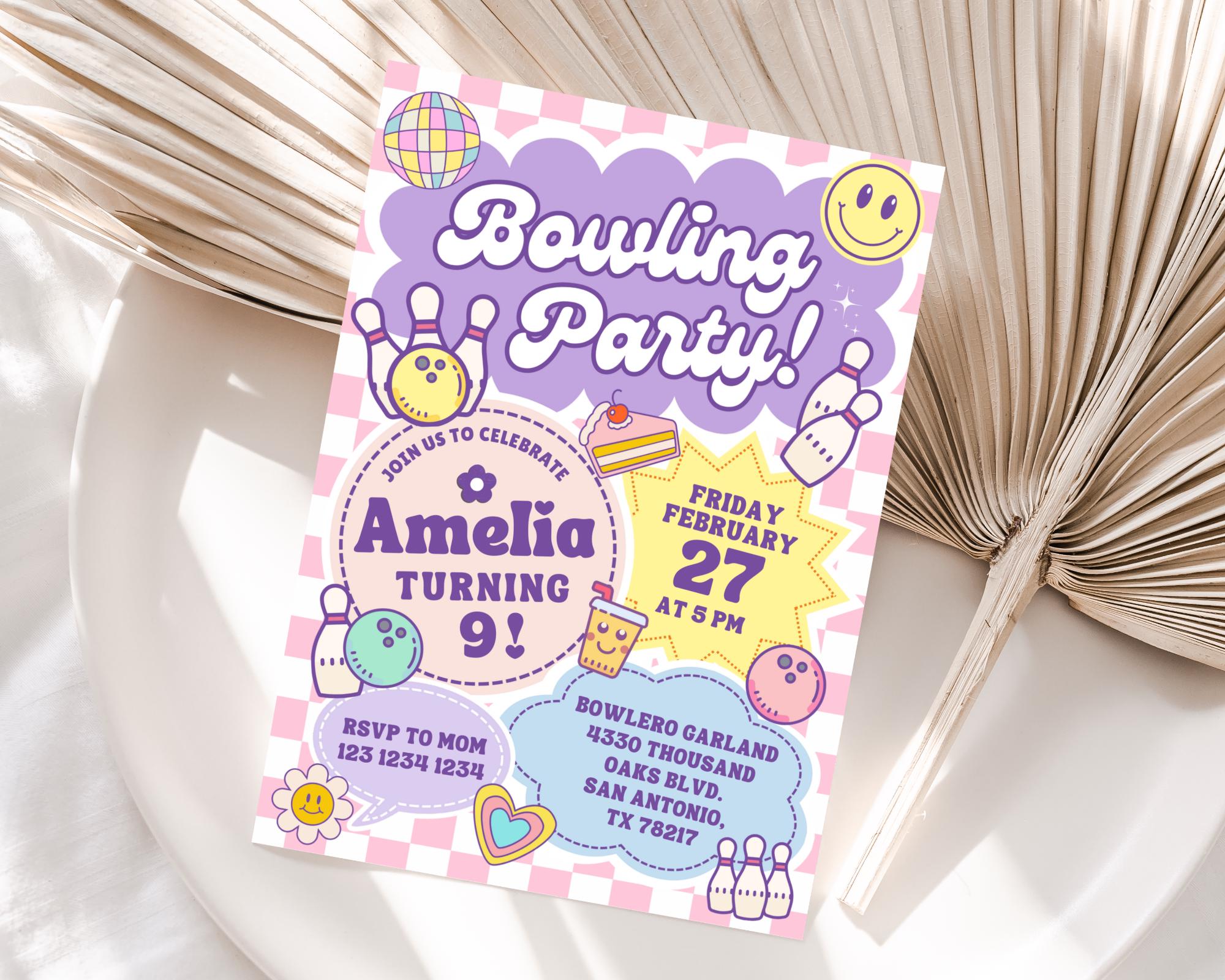 Girl Bowling Party Invitation, Bowling Birthday Invite Retro Template ...