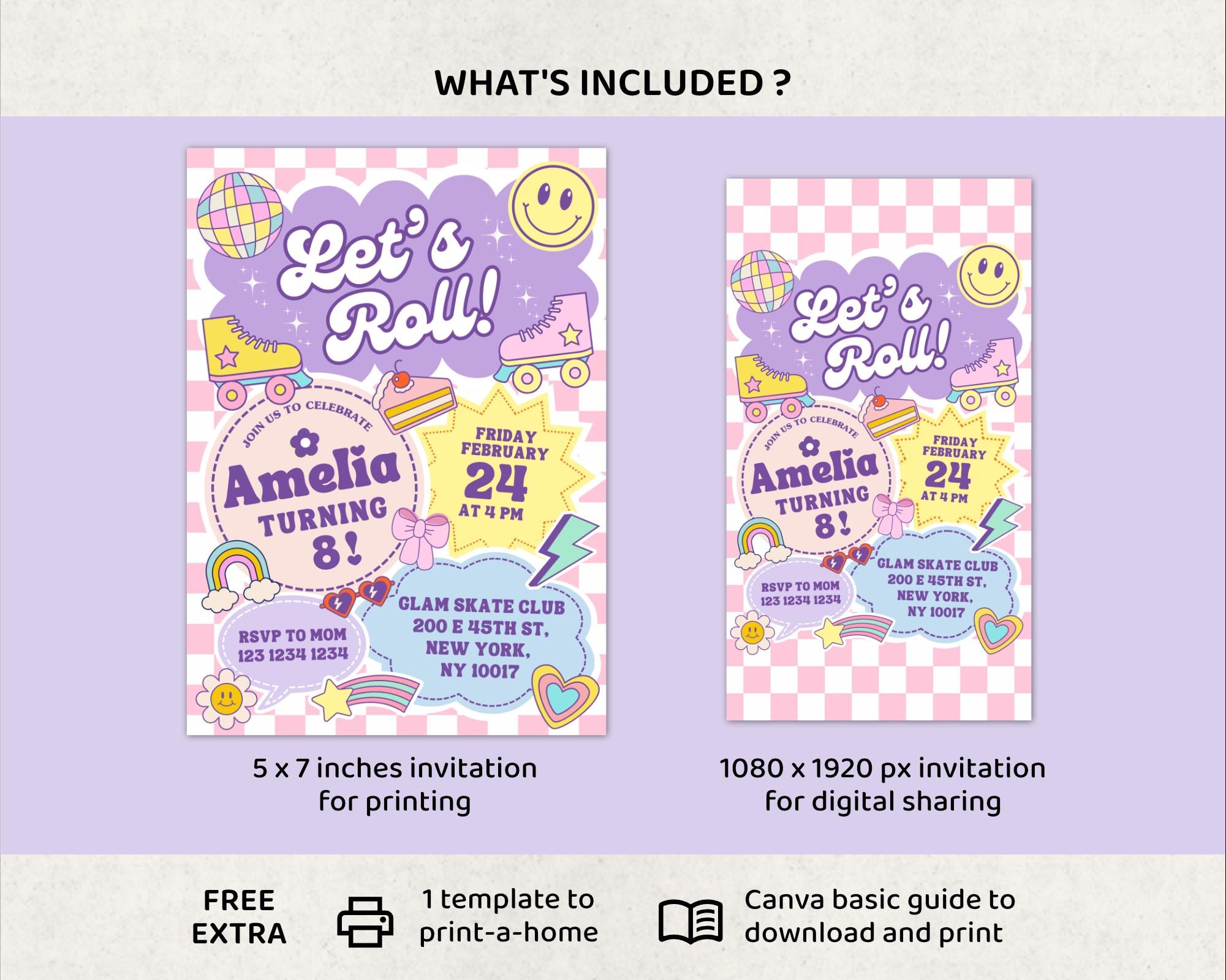 Roller Skate Birthday Invitation Girl, Retro Party Roller Skate ...