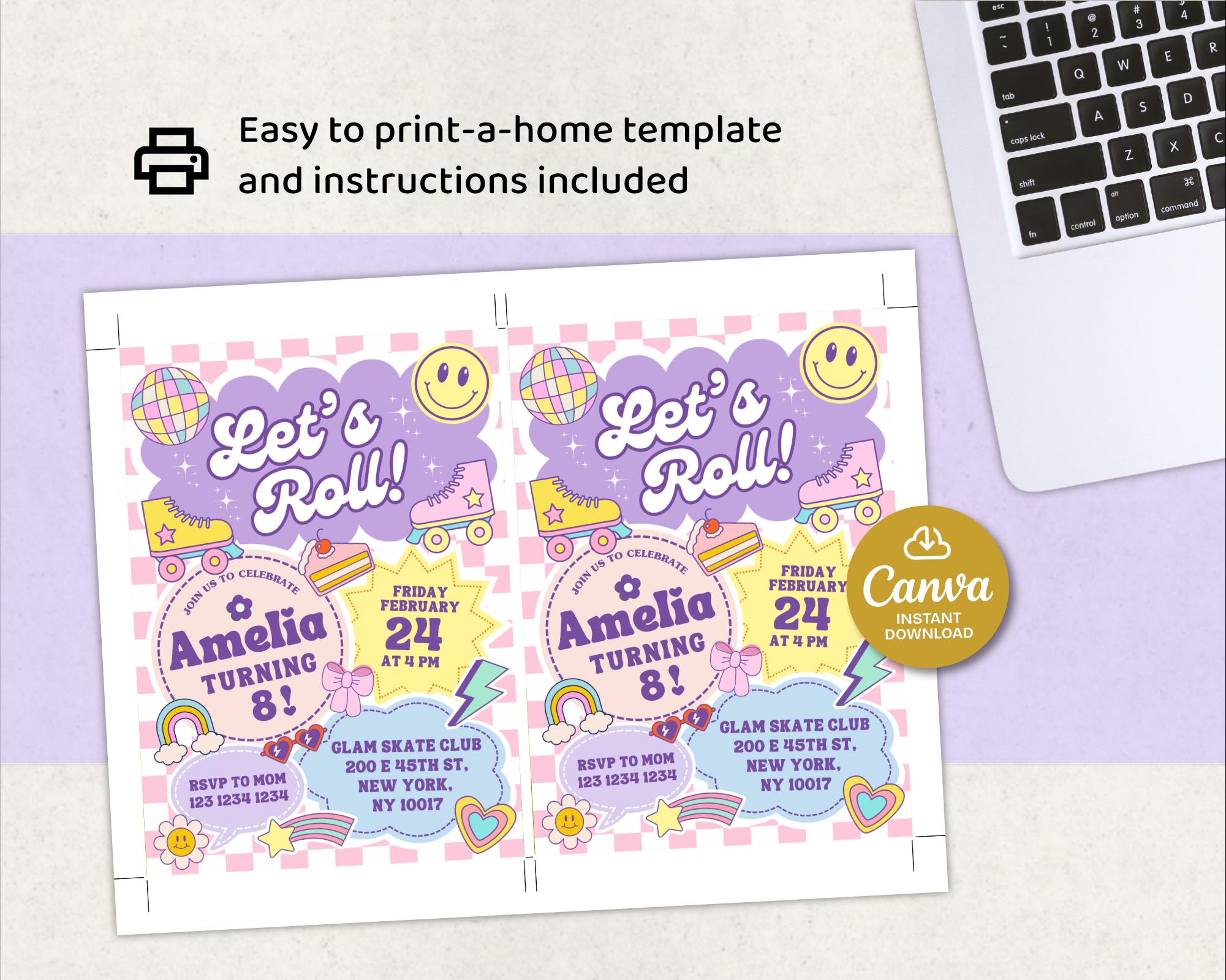 Roller Skate Birthday Invitation Girl, Retro Party Roller Skate ...