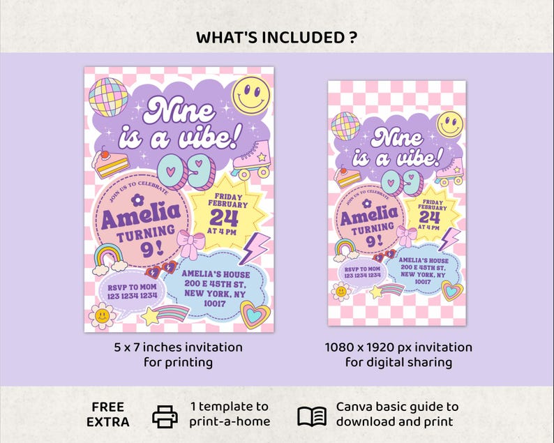 9th Birthday Invitation Tween, 9 is a Vibe Invitation, Preppy ...