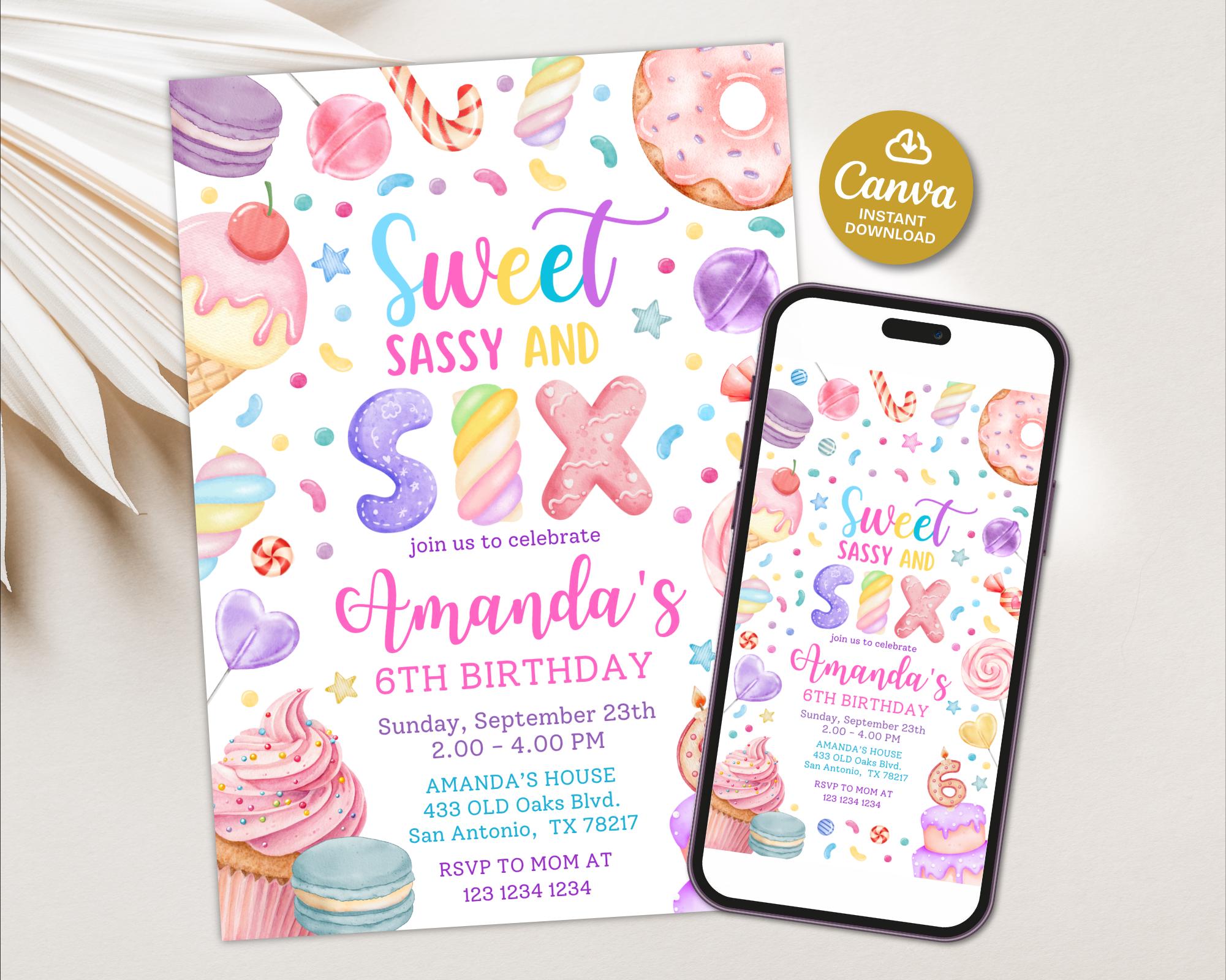 Sweet Sassy and Six Invite, 6th Birthday Invitation Girl, Sweet Six ...
