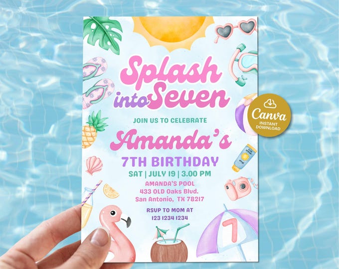 Editable Splash Into SEVEN 7th Birthday Pool Party Invitation Girly ...