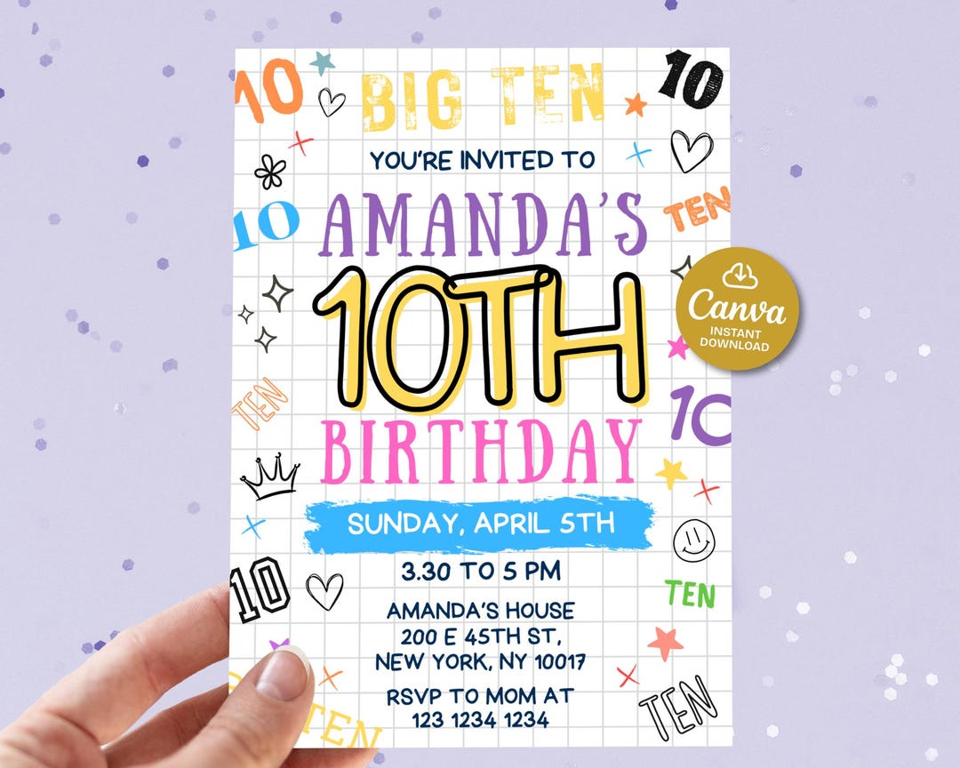 10th Birthday Party Invite, 10th Girl Birthday Invite Digital, Colorful ...