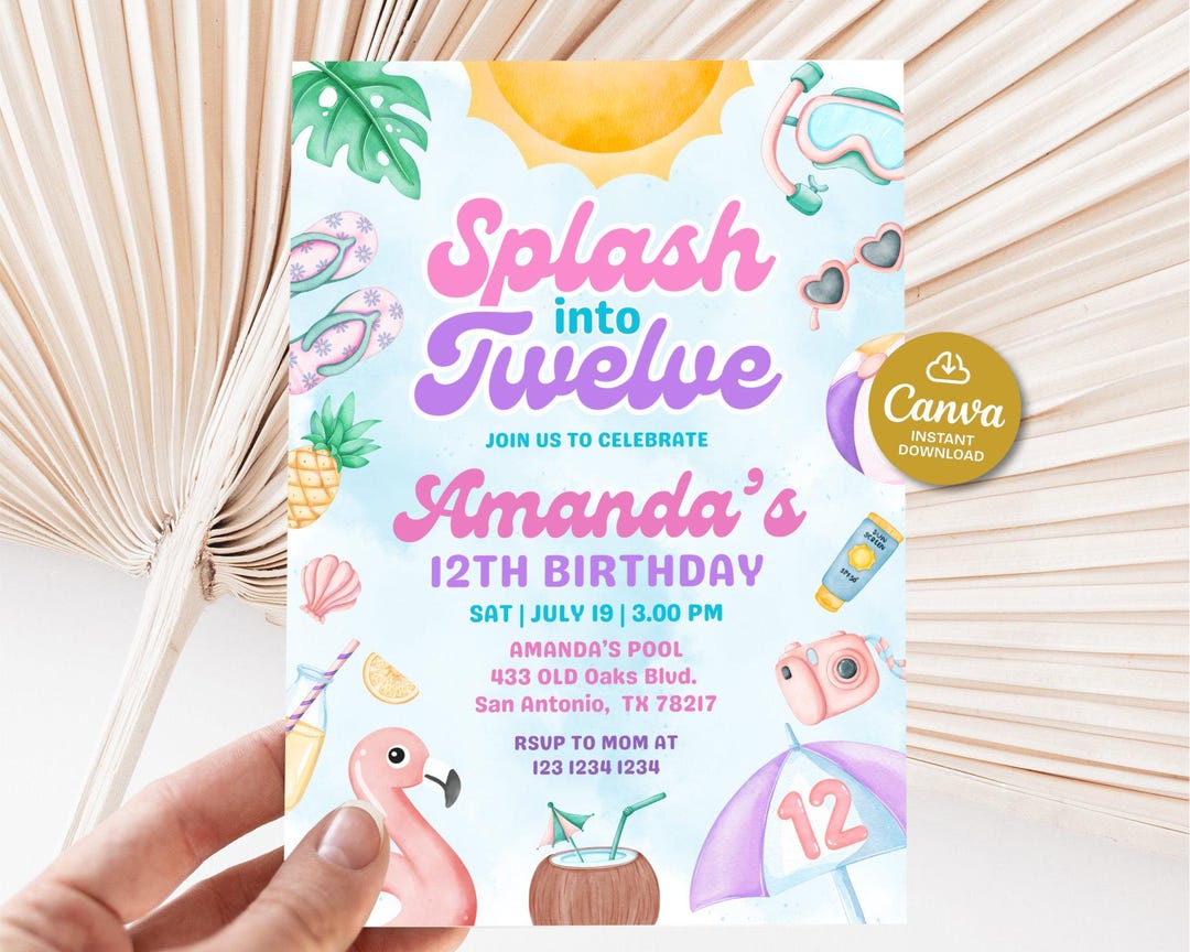 Splash Into TWELVE Pool Party Girl Invitations, 12th Birthday Pool ...