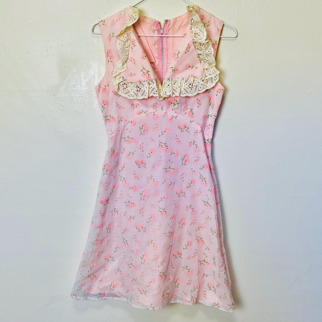 Flocked Pink Floral 2 Piece Vintage 60s Oversize Collar Mini Dress With ...