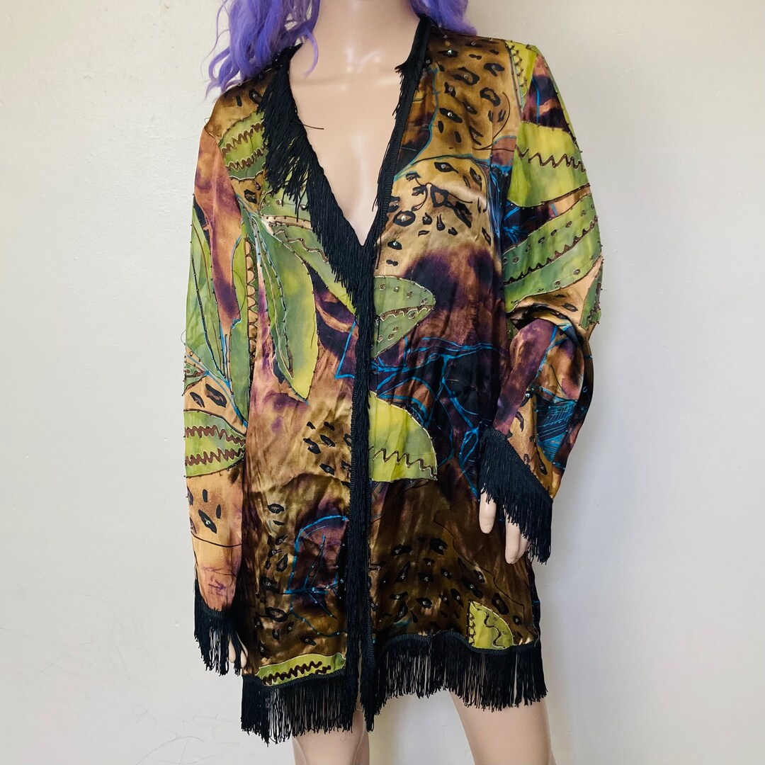 Tropical Satin Vintage 90s Y2K Wild Fringed Open Front Duster - Etsy