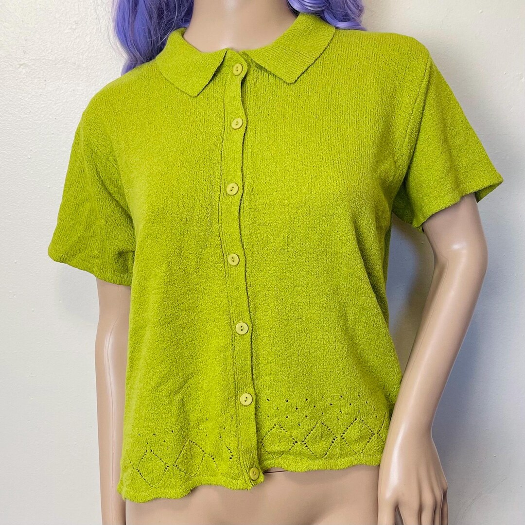 Chartreuse Knit Vintage 90s Boxy Collared Short Sleeve Cardigan Sweater ...