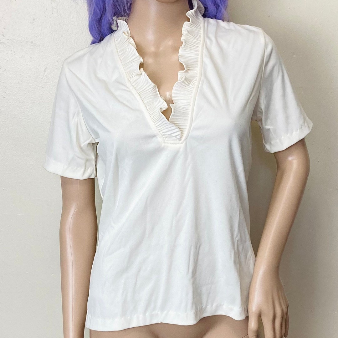 Milk White Ruffle Neck Vintage 70s Deep V Neck Tee - Etsy