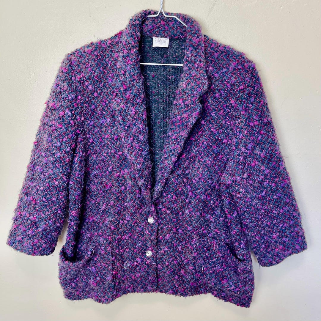 Vintage 70s Mohair Blend Cardigan: Knobby Textured Knit With Gemstone ...