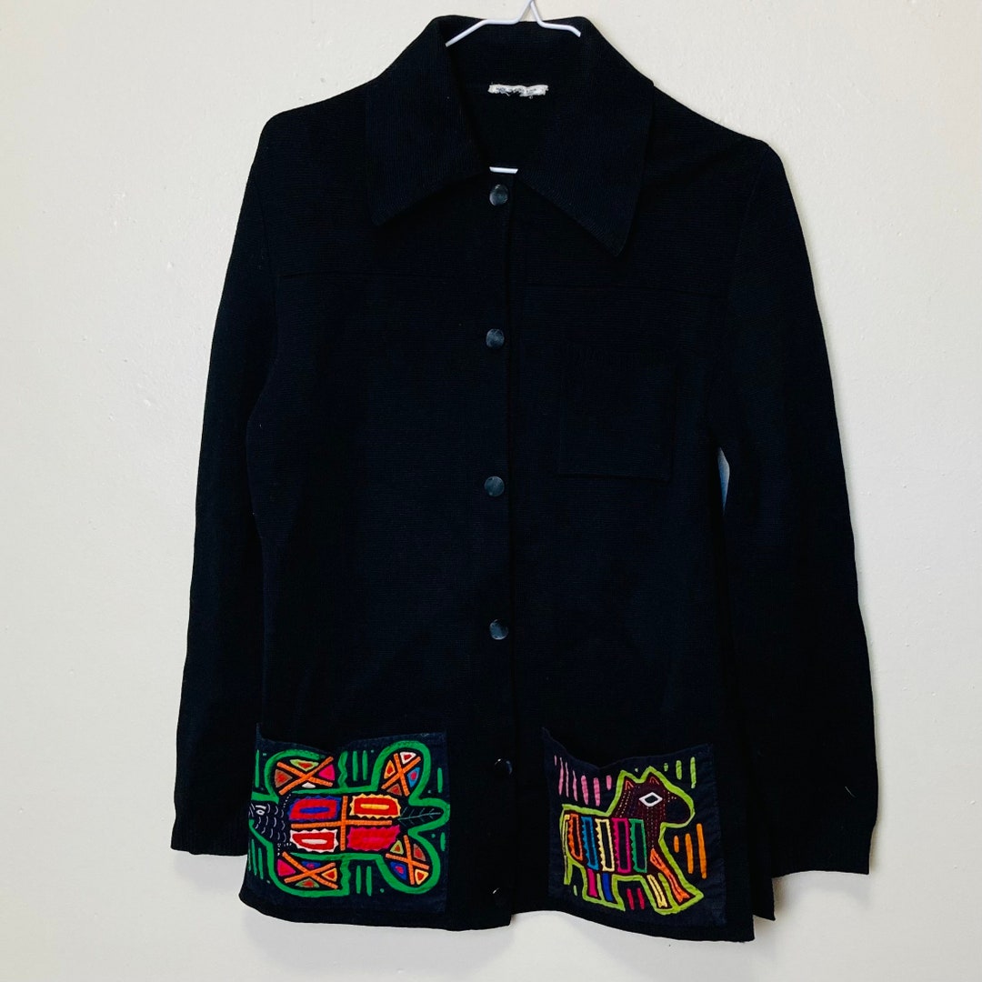 Folk Art Embroidered Animals Turtle and Horse Vintage 70s Black Wool ...