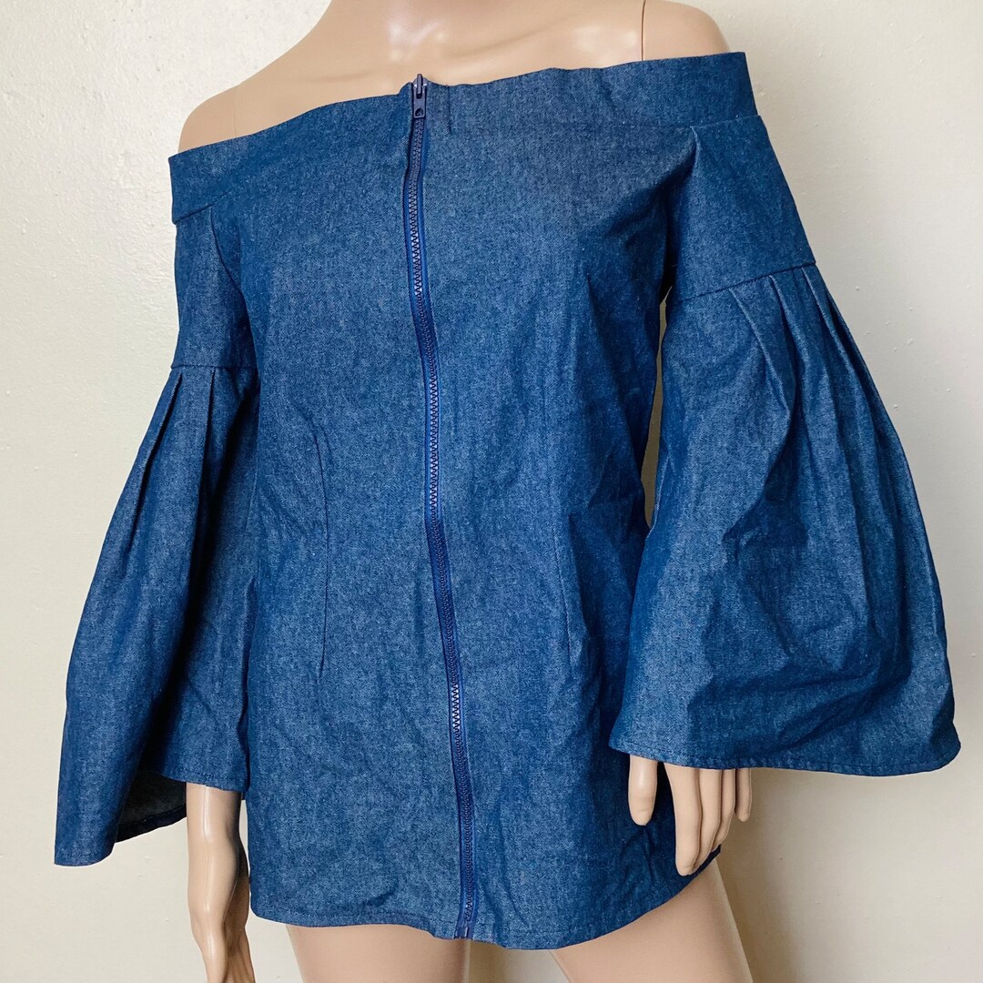 Natalie Constantinidou Dramatic Denim Bell Sleeve off the Shoulder Top ...
