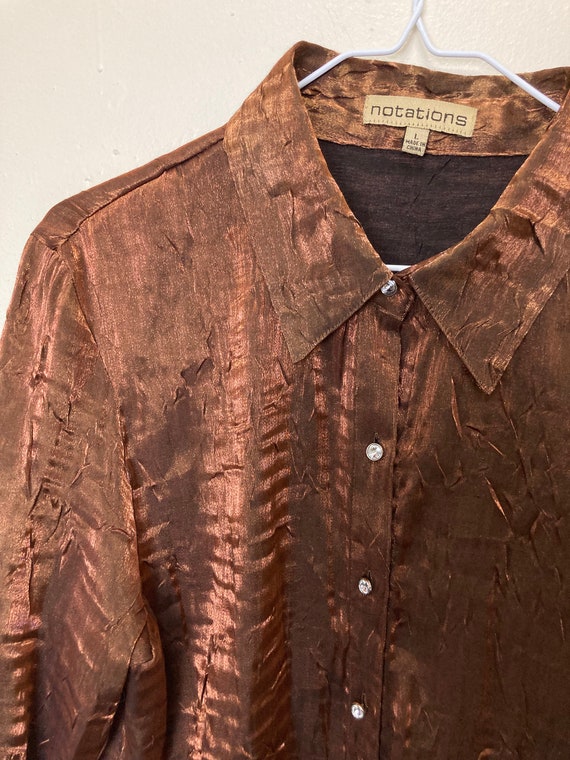 Bronze Metallic Vintage 90s Semi Sheer Collared Top w… - Gem
