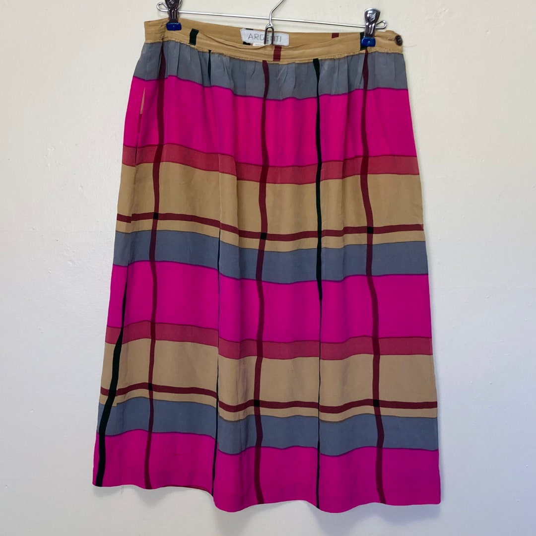 Pure Silk Vintage 80s Argenti Hot Pink and Taupe Colorblock Midi Skiry ...