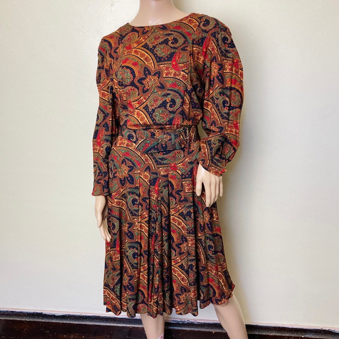 Fall Paisley Vintage 90s Belted Midi Dress - Etsy