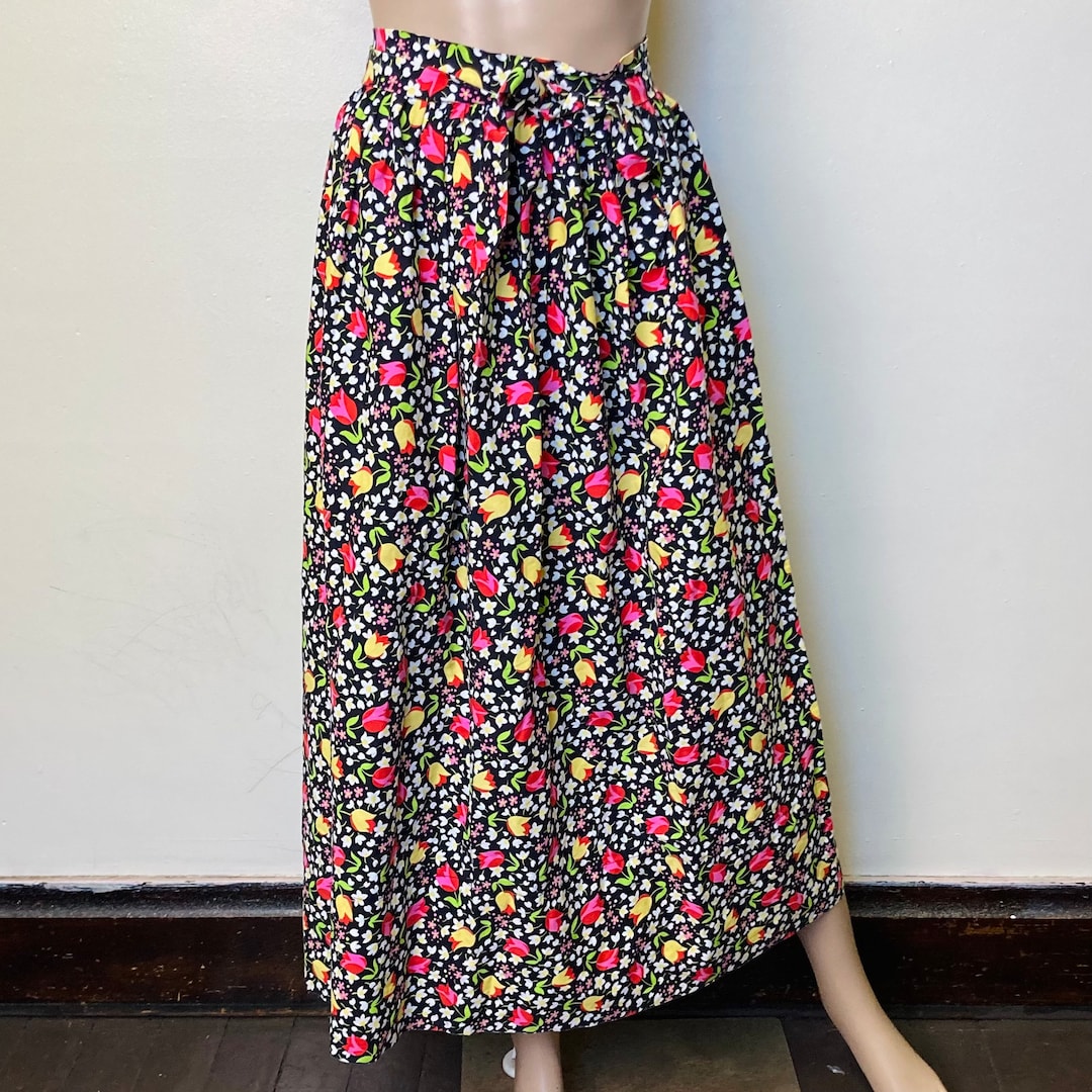 Black Floral Cotton Handmade Maxi Length Tie Waist Apron Skirt - Etsy