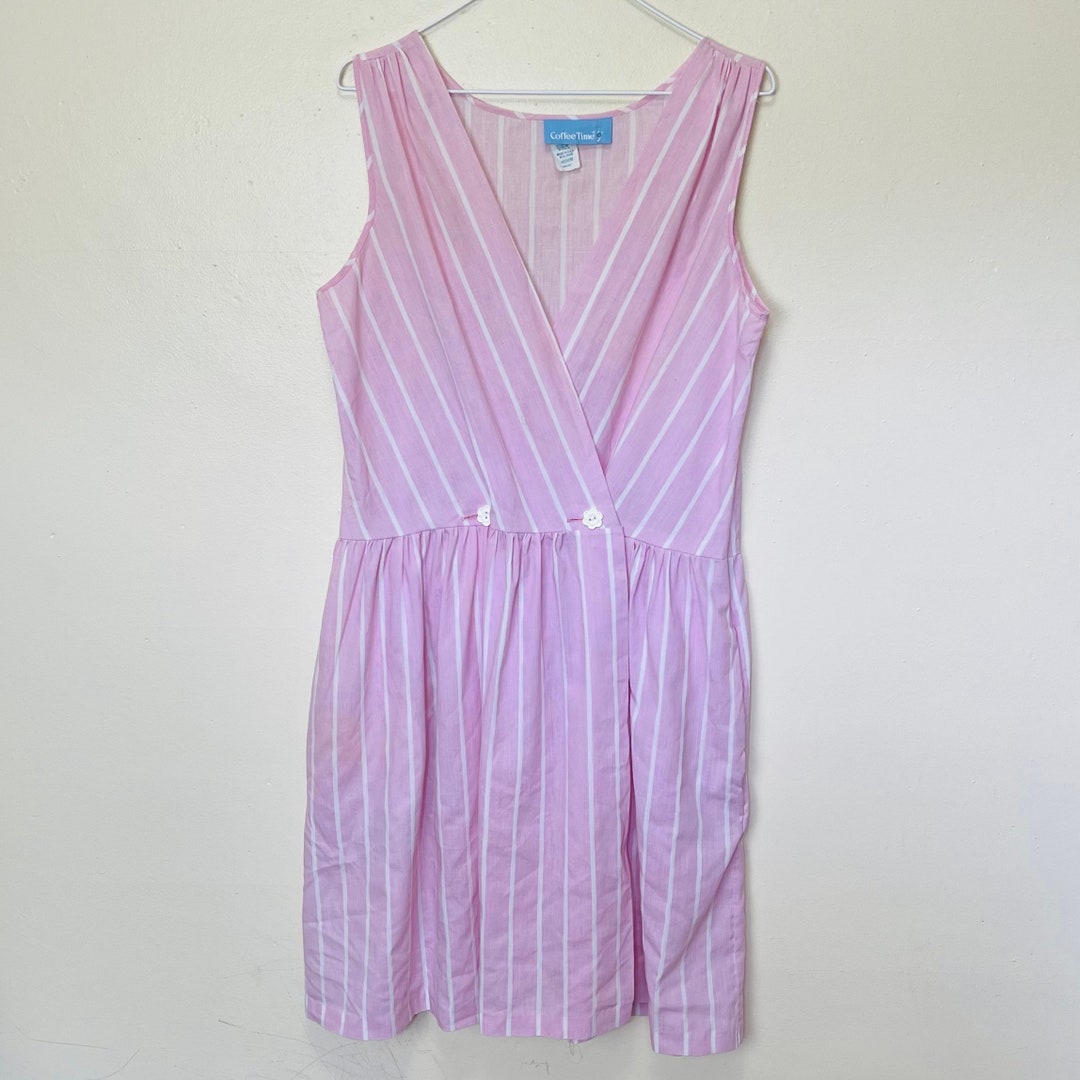Pink and White Stripe Vintage Crossover Wrap Midi Day Dress With ...