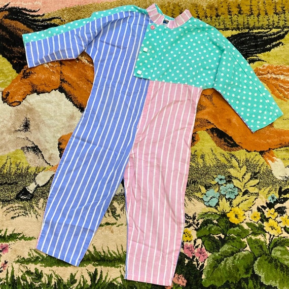 80s Colorblock Mixed Print Vintage Kids Jumpsuit Romp… - Gem