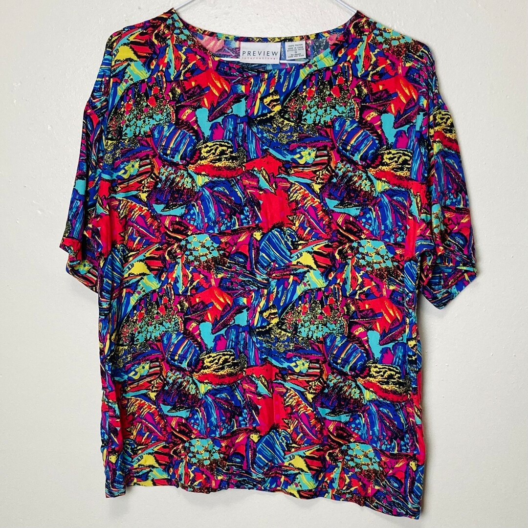 Tropical Print 90s Abstract Fish Boxy Rayon Top - Etsy
