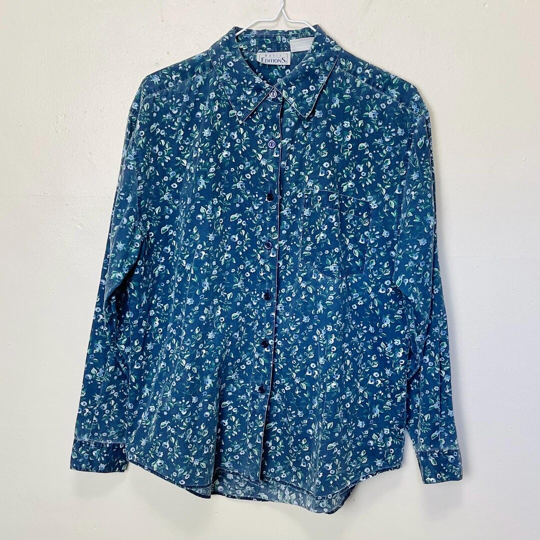 Faded Blue Calico Vintage 90s Allover Print Floral Button Down Collared ...