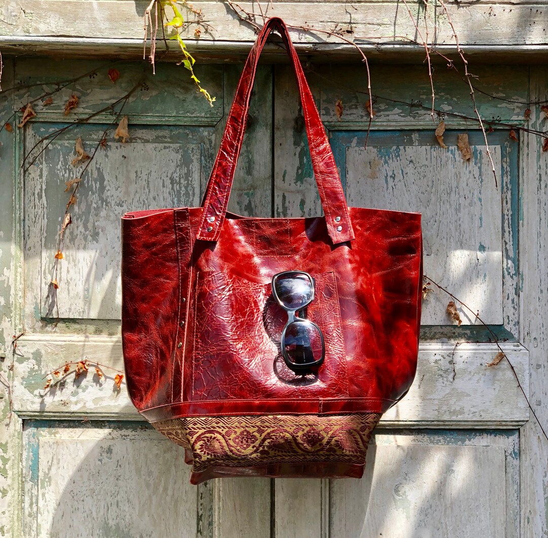 Large Red Leather Hobo, Antique Sari Textiles. Red Leather Bag, Leather ...