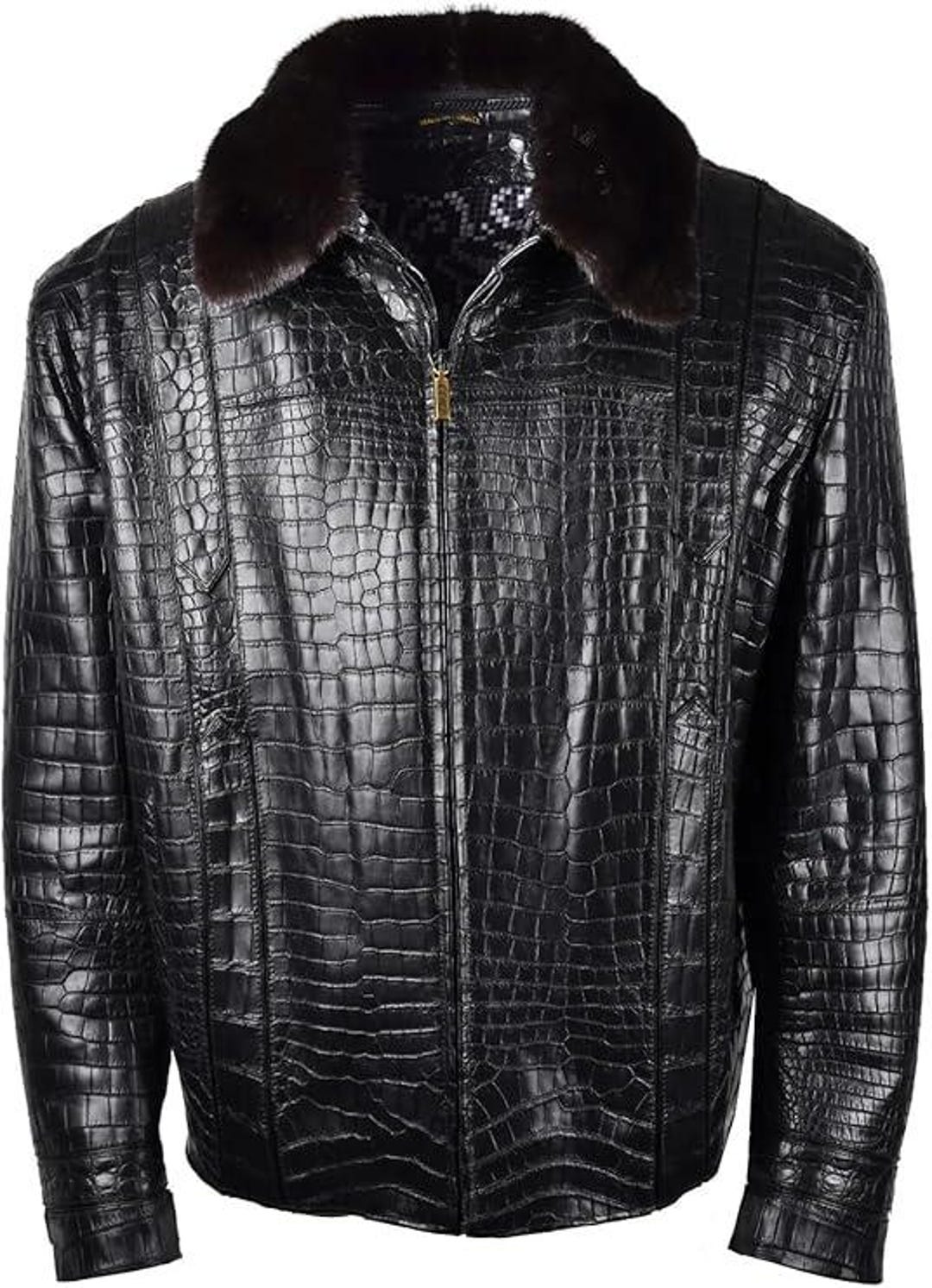Men's Crocodile Embossed Leather Jacket With Fur Colar, Handmade ...