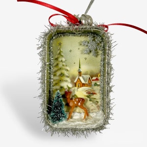 Nostalgic Winter Scene Ornament, Shadowbox Diorama of Fawn in Snow With ...
