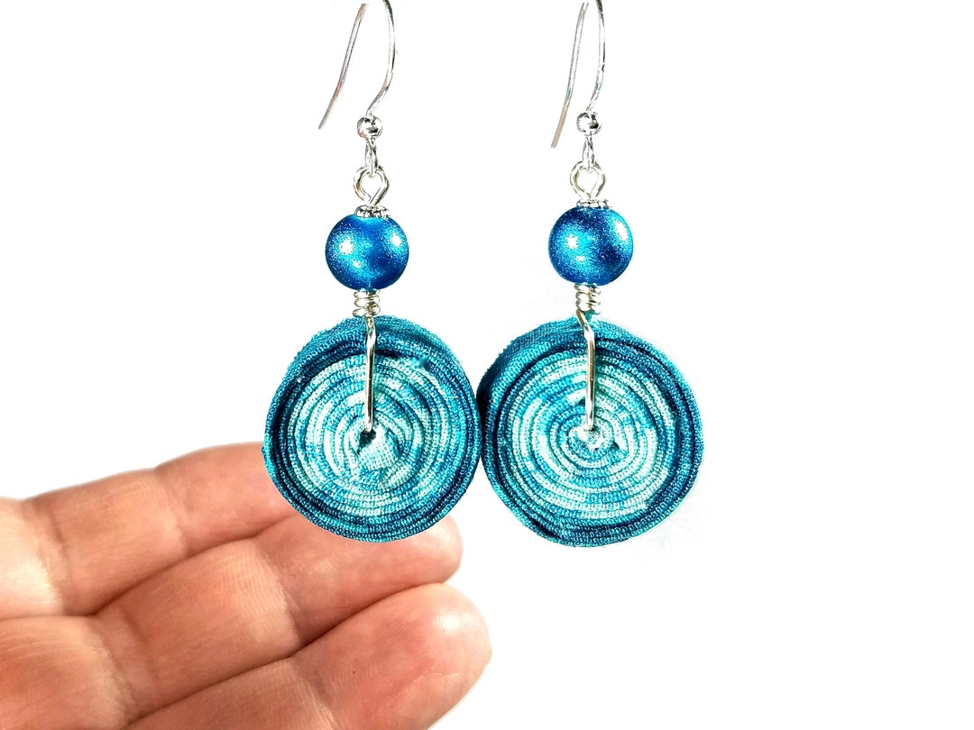 Coiled Fabric Earrings, Fiber Art Jewelry Gift in Aqua Blue - Etsy