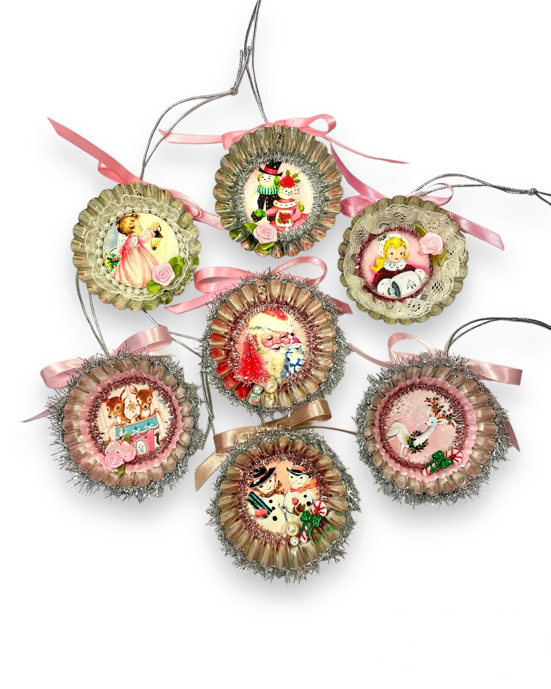 Light Pink Retro Christmas Ornaments, Kitschy Vintage Inspired Holiday ...