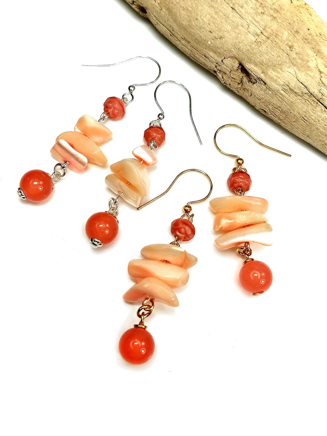 Peachy Coral Shell Earrings, Shell Dangles in SILVER - Etsy