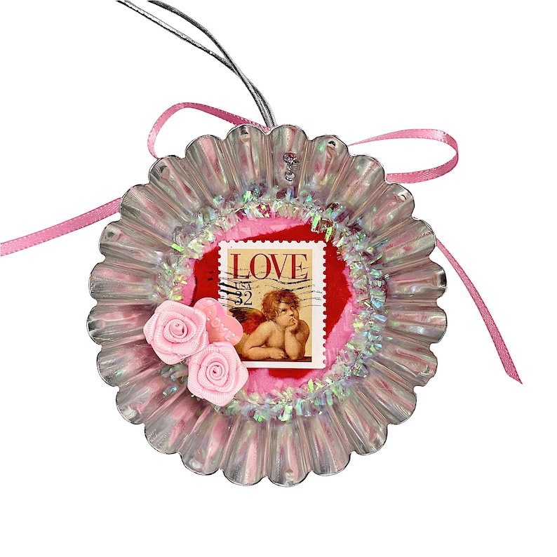 Hanging Valentine's Day LOVE Stamp Ornament Upcycled Tart - Etsy