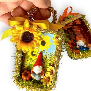 Fall Diorama Gnome Ornaments, Upcycled Tin Shadowbox Autumn Decoration ...