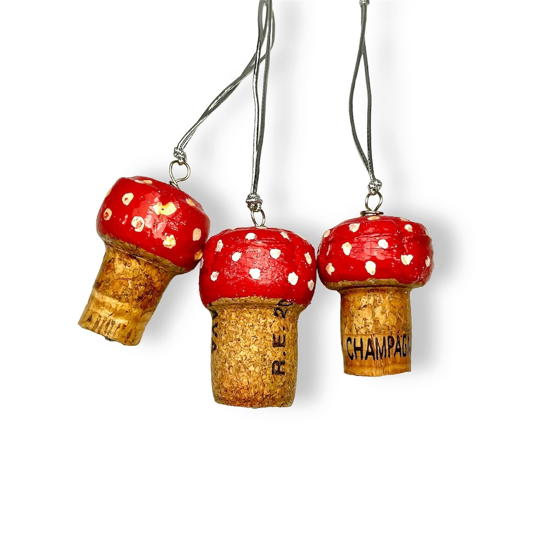 Upcycled Champagne Cork Mushroom Ornaments, Woodland Amanita Toadstool ...