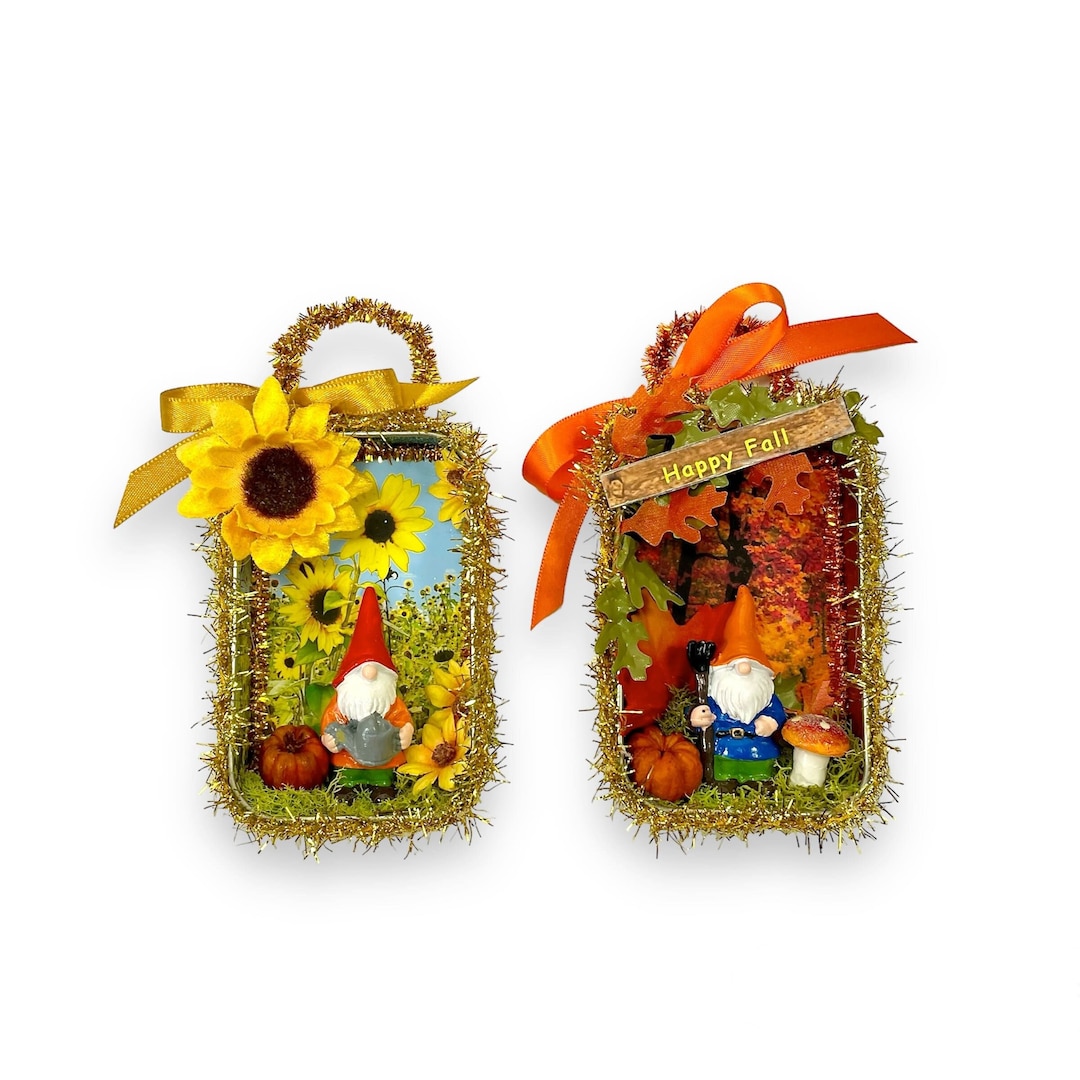 Fall Diorama Gnome Ornaments, Upcycled Tin Shadowbox Autumn Decoration ...