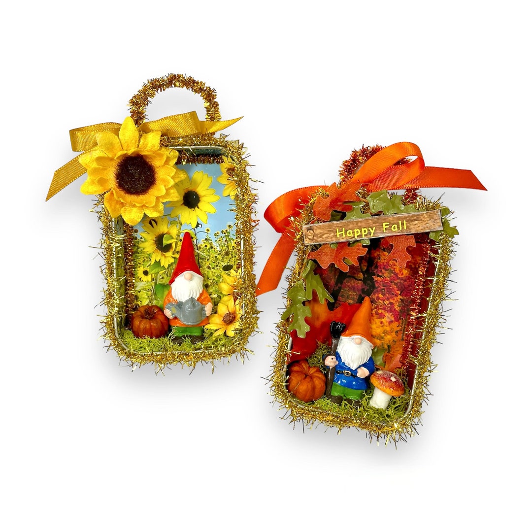 Fall Diorama Gnome Ornaments, Upcycled Tin Shadowbox Autumn Decoration ...